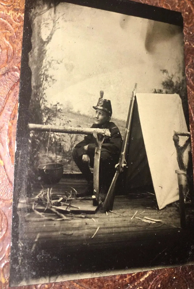 Excellent Tintype Young Soldier or Cadet with Rifle Tent Camp Scene 18 ...