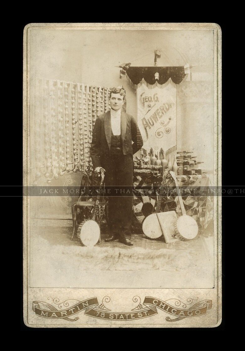 RARE 1890s Photo of ID'd Banjo / Music Instrument Seller with Advertis ...