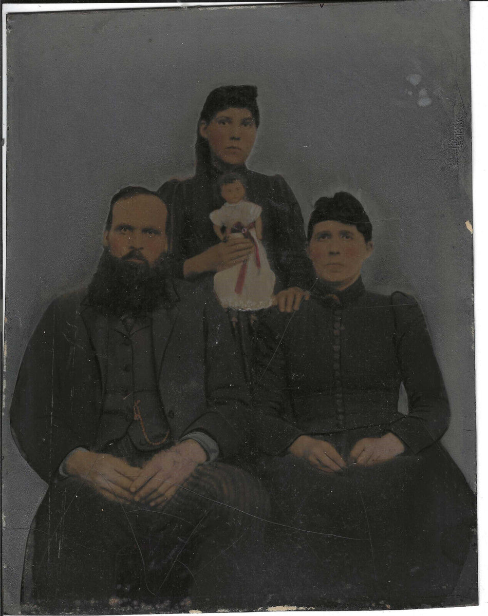 LARGE Full Plate Painted Tintype of Victorian Family, Girl Holding Dol ...