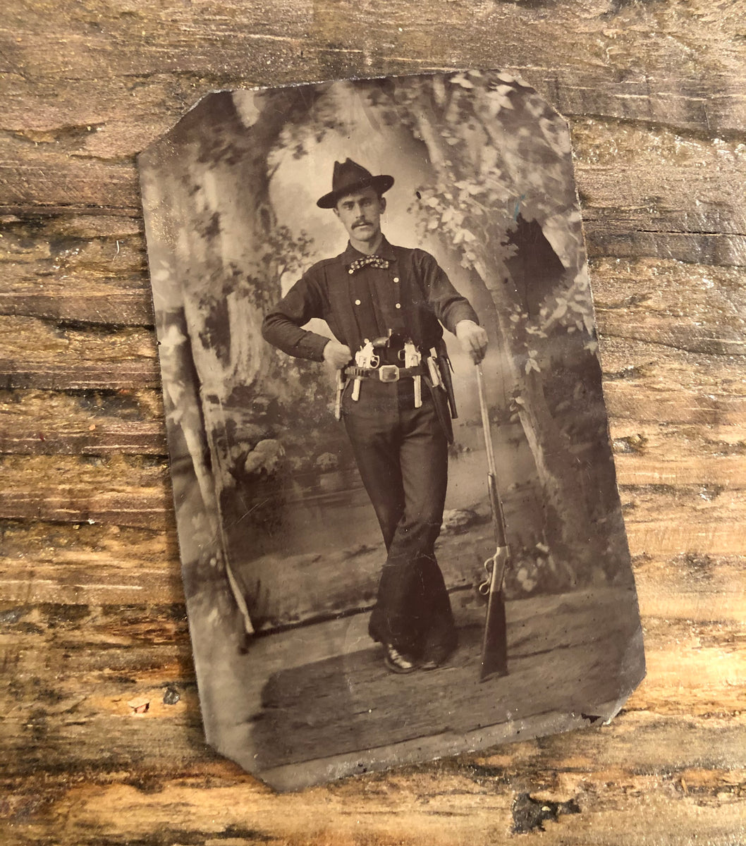 Amazing Antique Tintype Photo Western Hunter or Cowboy Armed with Many ...