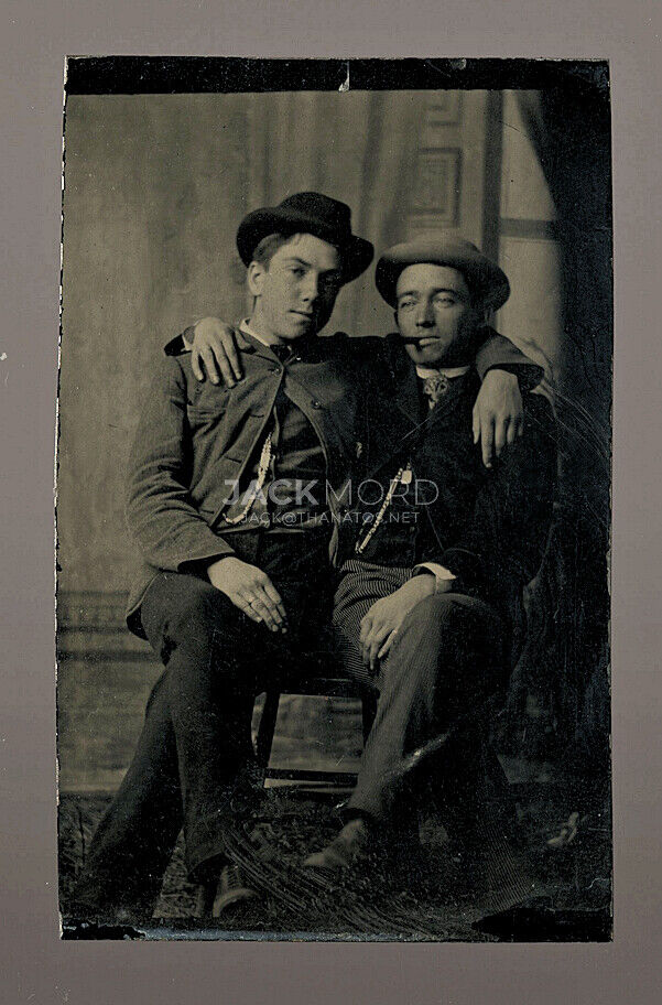 antique tintype two men friends one smoking cigar great pose 1800s ...